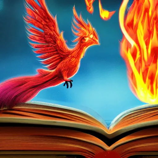 a cute flaming mythical firebird reading a book in a | Stable Diffusion | OpenArt