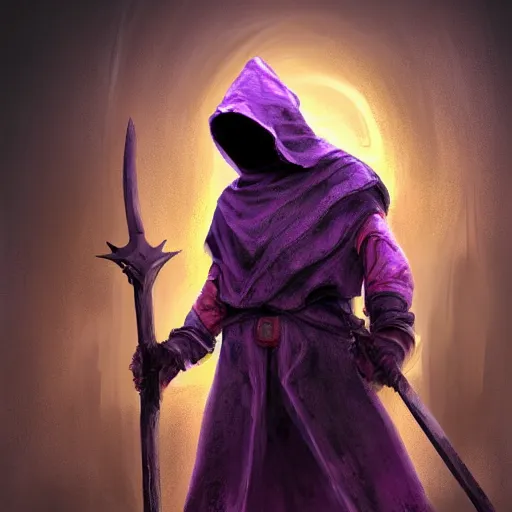 Hooded man in purple wielding an axe inside a decaying | Stable Diffusion