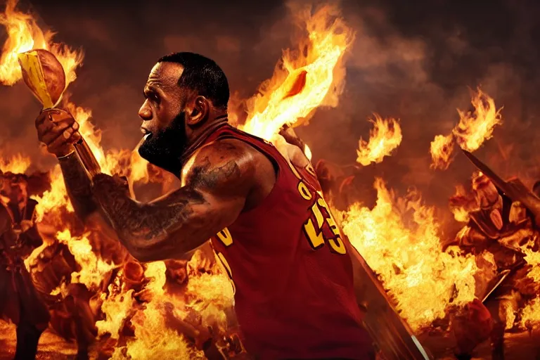 a photo of lebron james wielding a flaming sword | Stable Diffusion ...