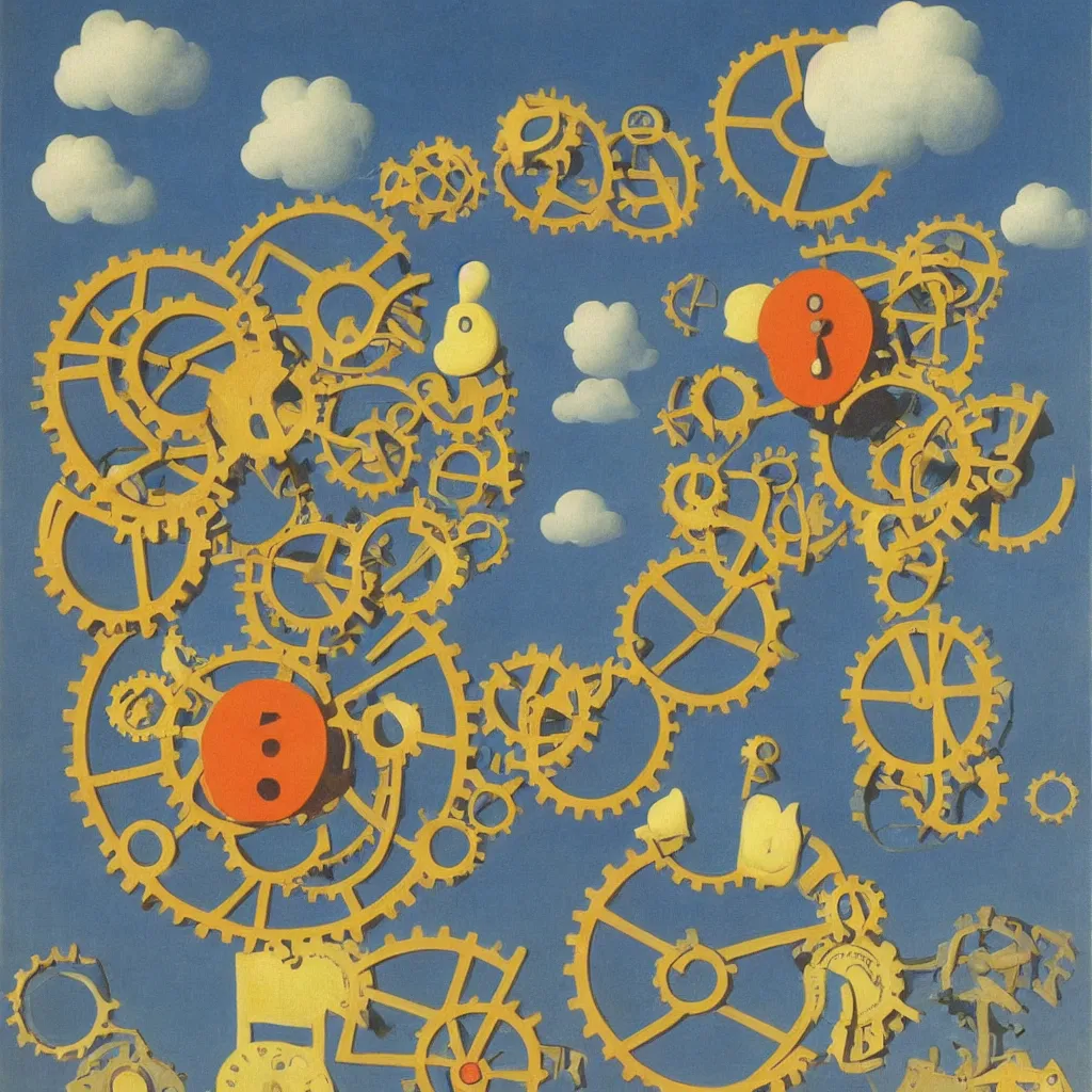 surrealist painting of a happy cog, by Rene Magritte, | Stable Diffusion