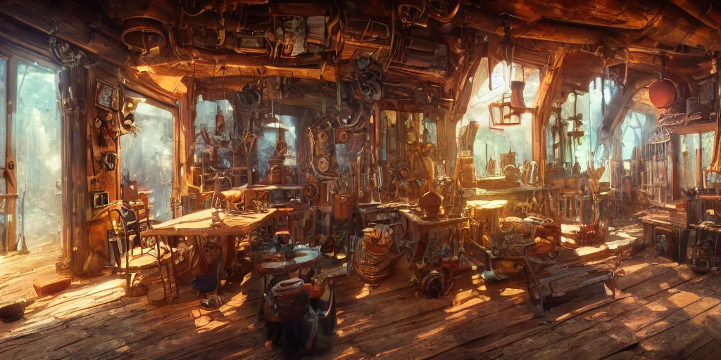 steampunk wooden shack interior, colorful, contrast, | Stable Diffusion
