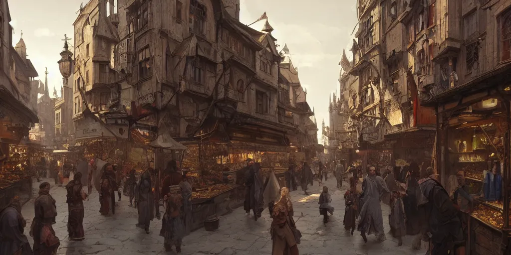 photo of a medieval busy market street. architecture. | Stable Diffusion