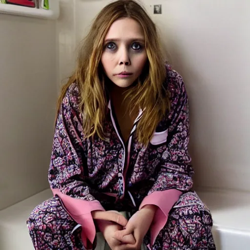 Elizabeth Olsen sitting on the toilet in a dirty | Stable Diffusion