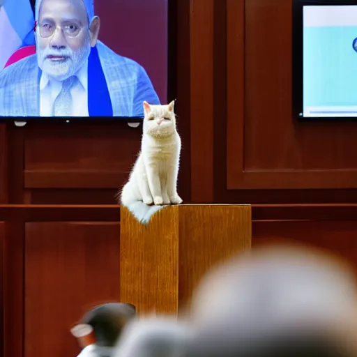 pm cat sitting over a podium addressing india, ani, | Stable Diffusion ...