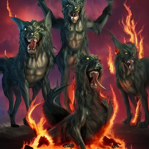 Flaming Cerberus standing at the gates of hell. High | Stable Diffusion