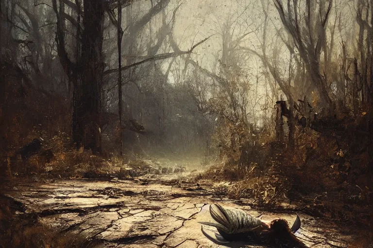 painting of a dying mermaid lying on a path in a | Stable Diffusion ...