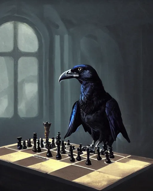 oil painting of Anthropomorphized raven playing chess, | Stable ...