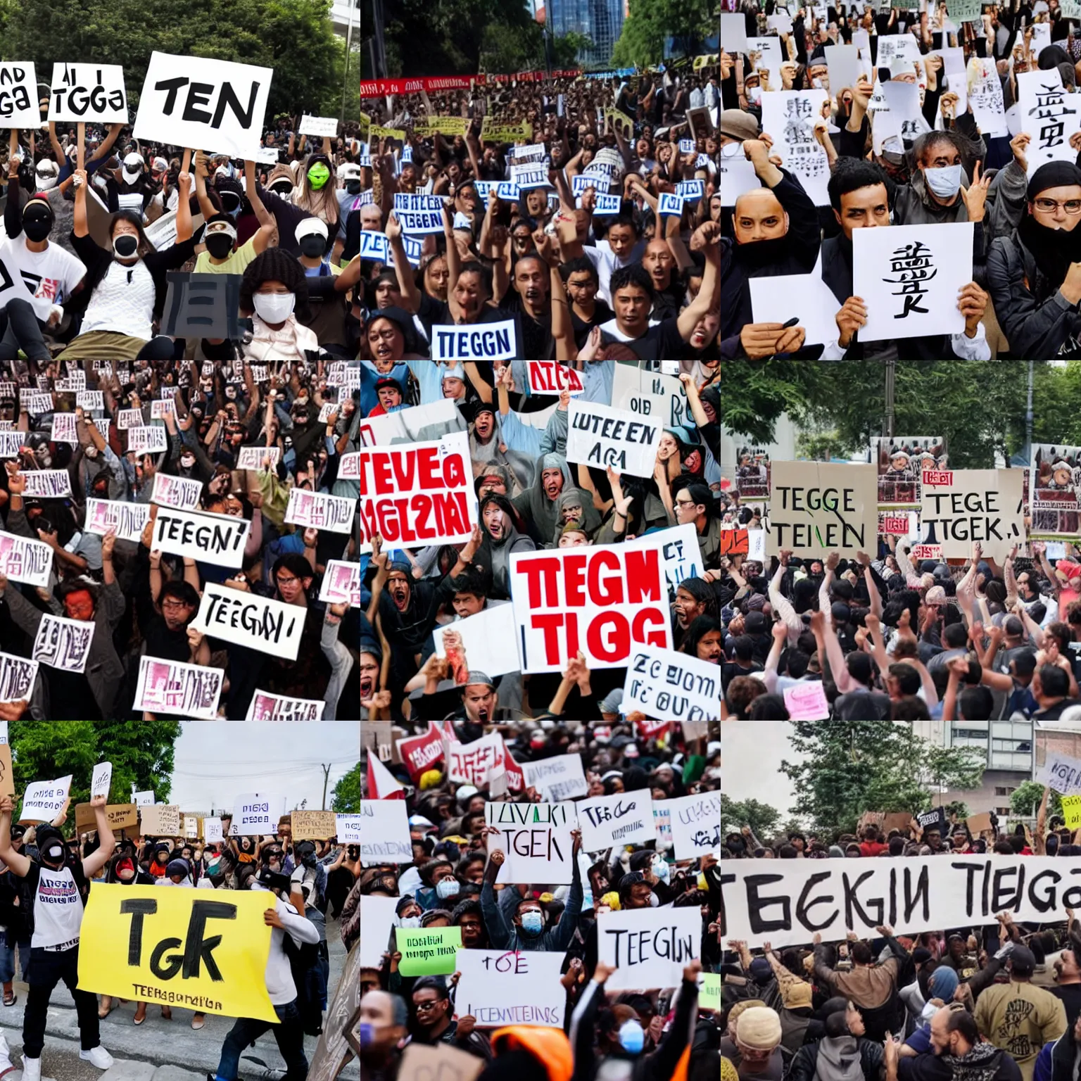 protesters holding up signs that have'tegeken'written | Stable ...