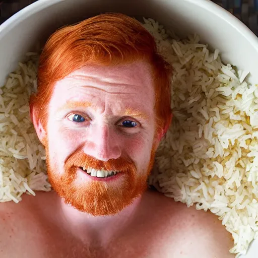 ginger haired man bathing in a large bowl of white rice | Stable ...