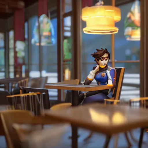 tracer from overwatch sitting alone in a restaurant, | Stable Diffusion