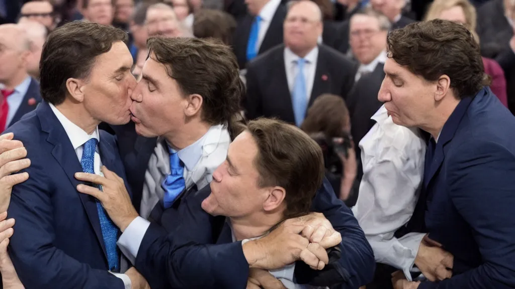 François Legault kissing Justin Trudeau on the mouth | Stable Diffusion