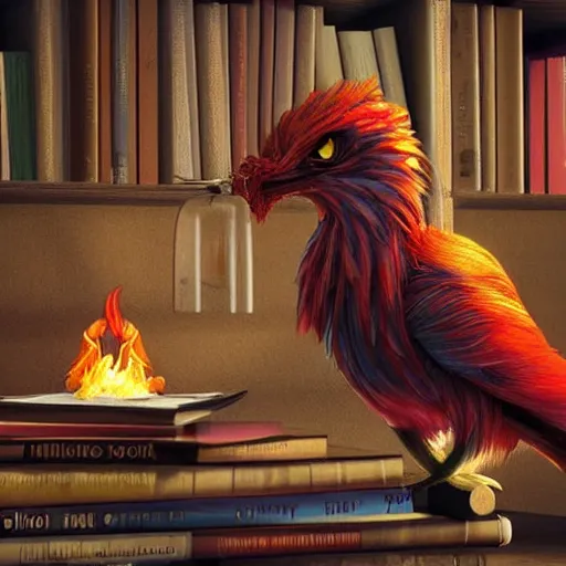 a cute flaming mythical firebird reading a book in a | Stable Diffusion ...