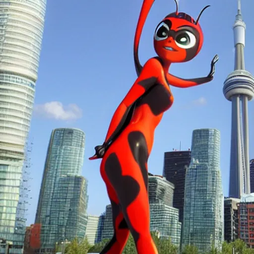 miraculous ladybug posing in front of the cn tower | Stable Diffusion
