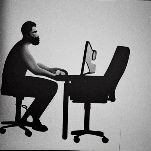 a neanderthal sitting on a office chair staring at a | Stable Diffusion ...