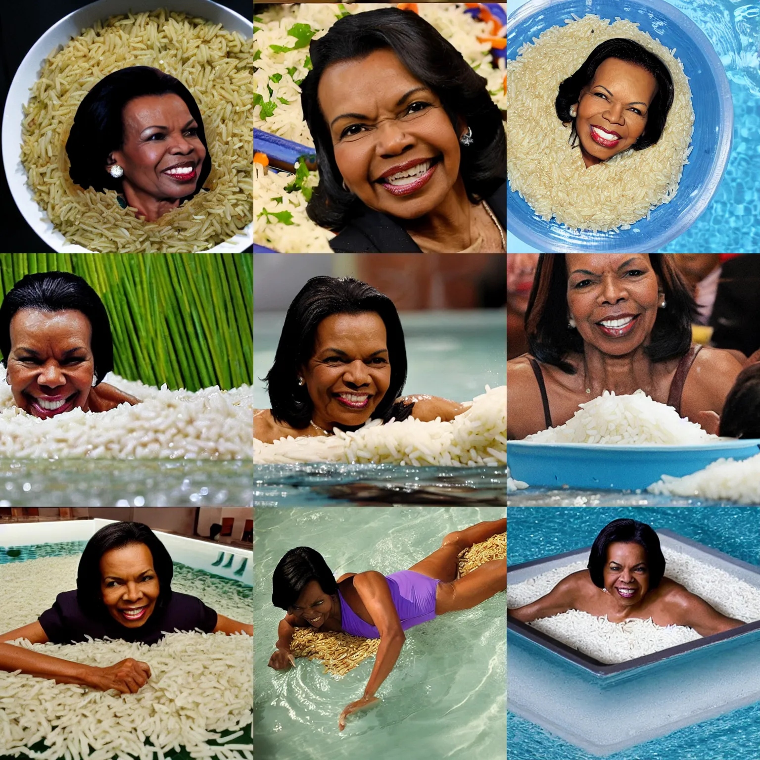condoleezza rice swimming in a pool of rice. | Stable Diffusion | OpenArt