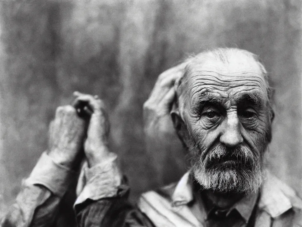 Portrait of a old troubled philosopher. Photograph by | Stable Diffusion