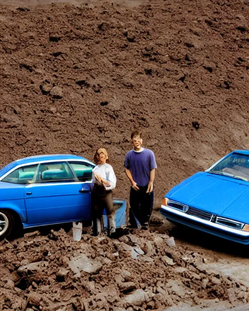 a blue car parked in front of a pile of dirt, a stock | Stable ...