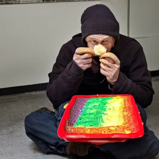 homeless putin eating a rainbow coloured Cake, | Stable Diffusion | OpenArt