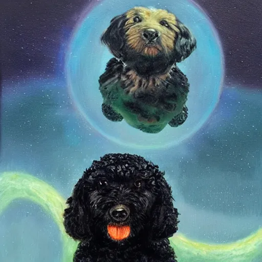 a small black labradoodle in space depicted as an | Stable Diffusion | OpenArt