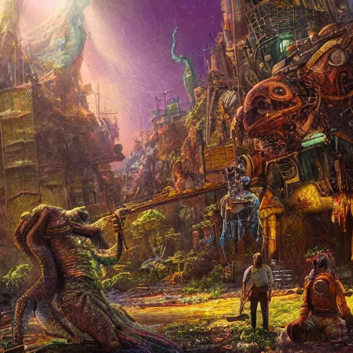 humans exploring ancient post - apocalyptic planet, | Stable Diffusion