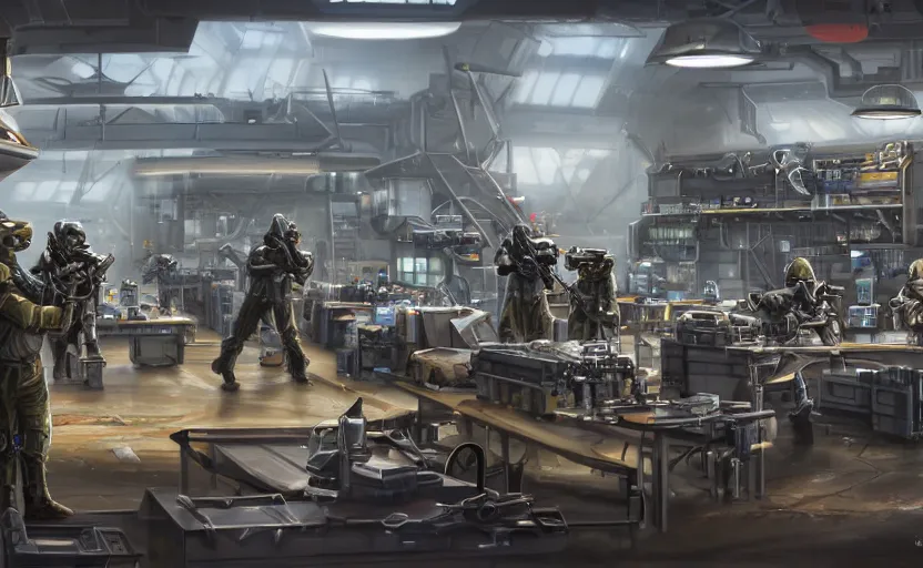 epic scenic shot, highly detailed weapons laboratory, | Stable ...