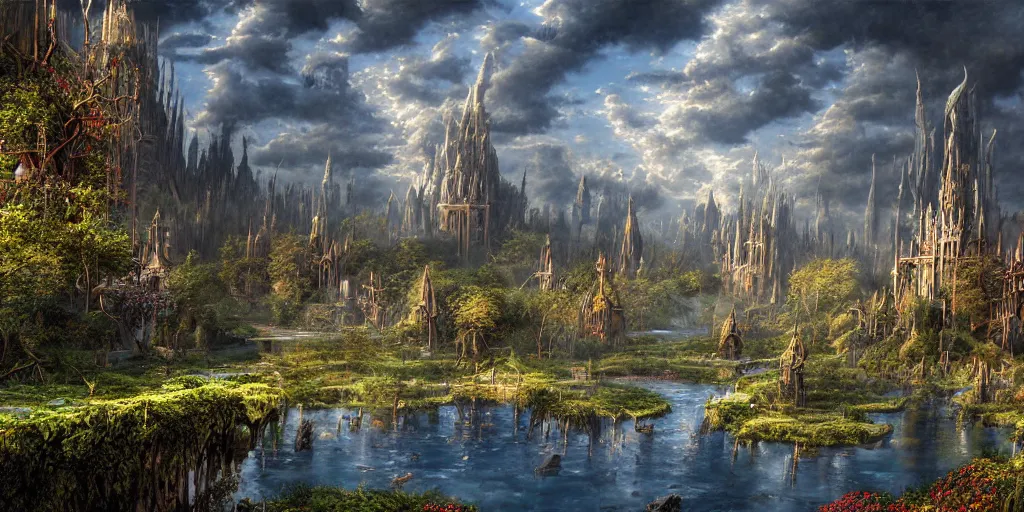 Fantastical open landscape by Ted Nasmith, elven city, | Stable Diffusion