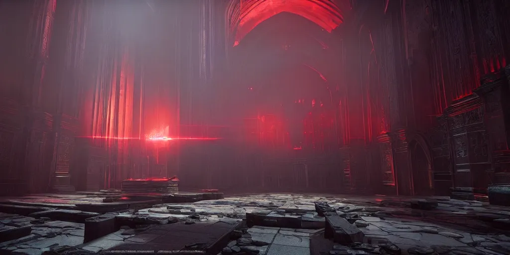 symmetrical, ancient church with red shafts of light | Stable Diffusion ...