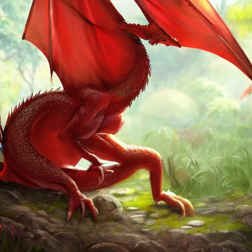 handsome cute fire red dragon in verdant forest, dnd | Stable Diffusion