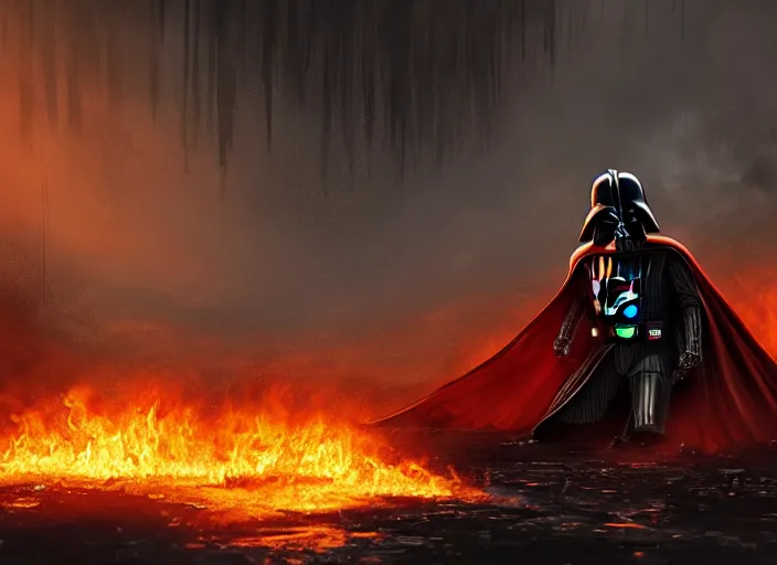 darth vader lying on the floor burning around flames, | Stable ...