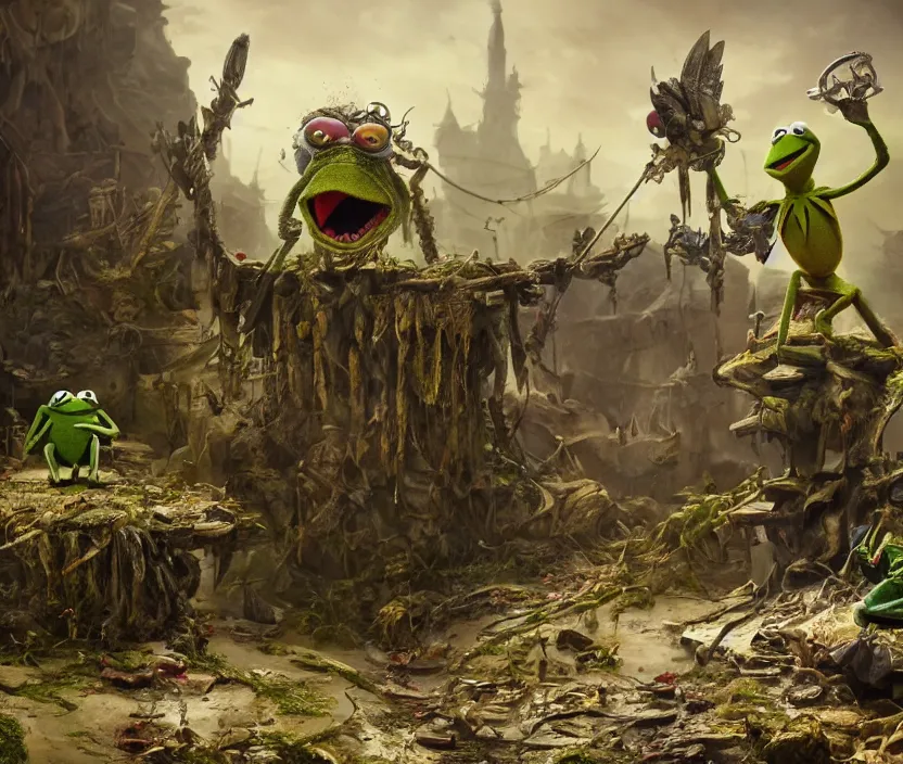 Kermit the Frog, sitting on a throne of skeletons, a | Stable Diffusion ...