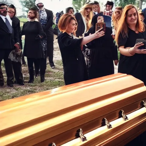 a woman takes a selfie next to an open casket funeral | Stable Diffusion