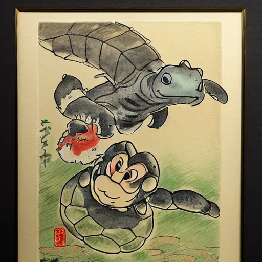 mario jumps over a turtle, traditional Japanese ink | Stable Diffusion ...