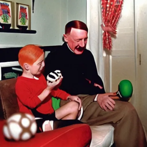 Hitler playing Nintendo with a red haired kid | Stable Diffusion