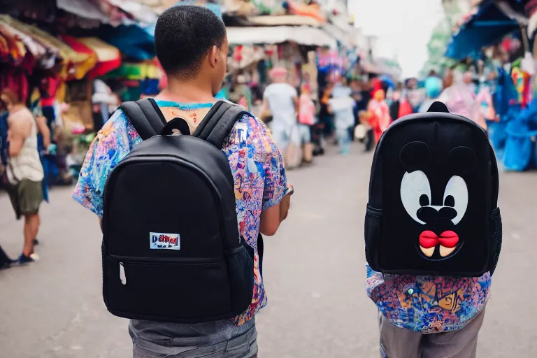 bootleg disney backpack being sold in an alley market, | Stable Diffusion