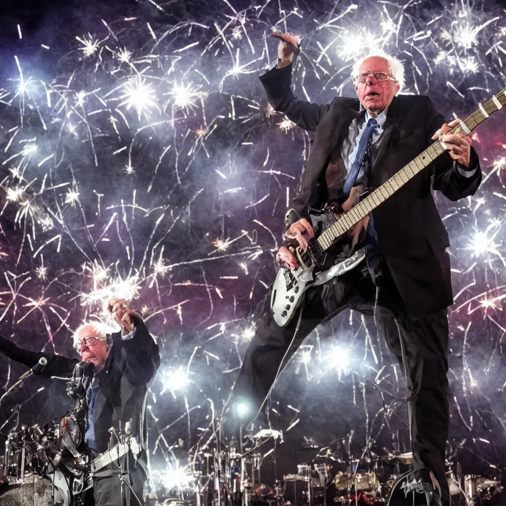bernie sanders in a metal band shredding the guitar on | Stable Diffusion