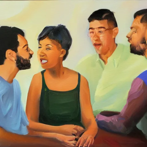 a group of 5 people talking on a podcast, oil on canvas | Stable ...