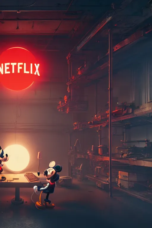 mechanics operating mickey mouse in abandoned science | Stable Diffusion