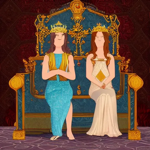 two beautiful young queens sitting in thrones across | Stable Diffusion ...