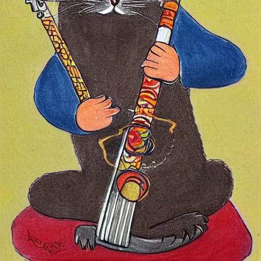 bearded cat playing sitar , crayon | Stable Diffusion