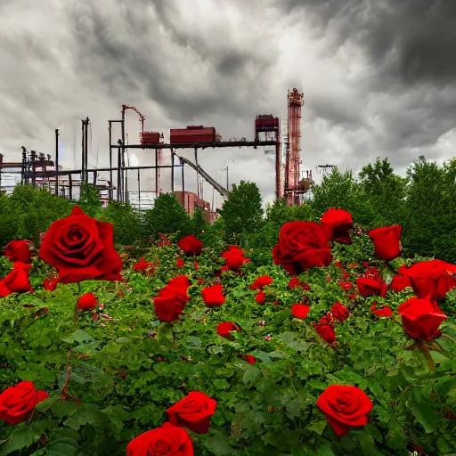 Garden+factory,Tall factory,Many red rose,A few | Stable Diffusion ...