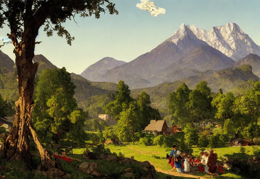 painting of a rural town with mountains in the | Stable Diffusion | OpenArt