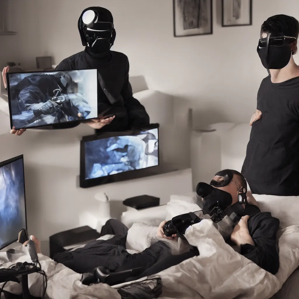 a man in a black medical mask plays xbox in the dark, | Stable Diffusion