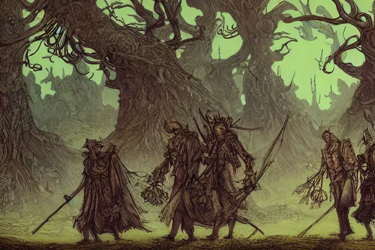 group of treefolk merchant nomads walking through a | Stable Diffusion ...