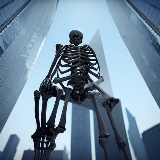 large human skeleton climbing side of a ( ( skyscraper | Stable ...