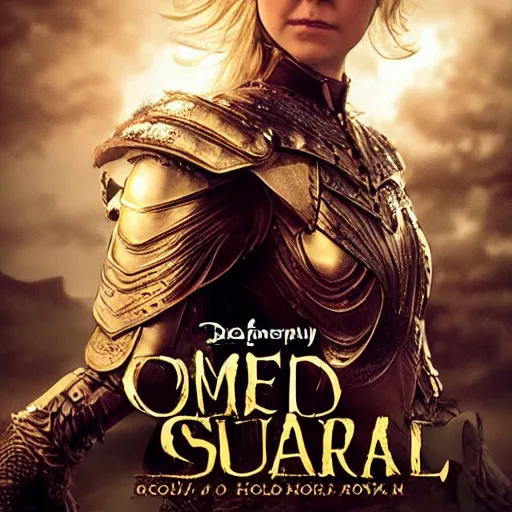 epic fantasy movie of a woman in golden armour riding | Stable Diffusion