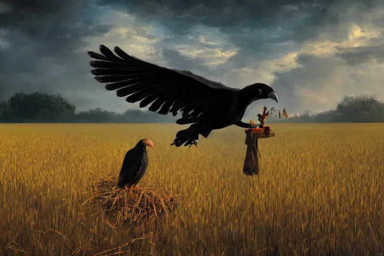 a giant crow pecking a scarecrow on a rice field, | Stable Diffusion ...