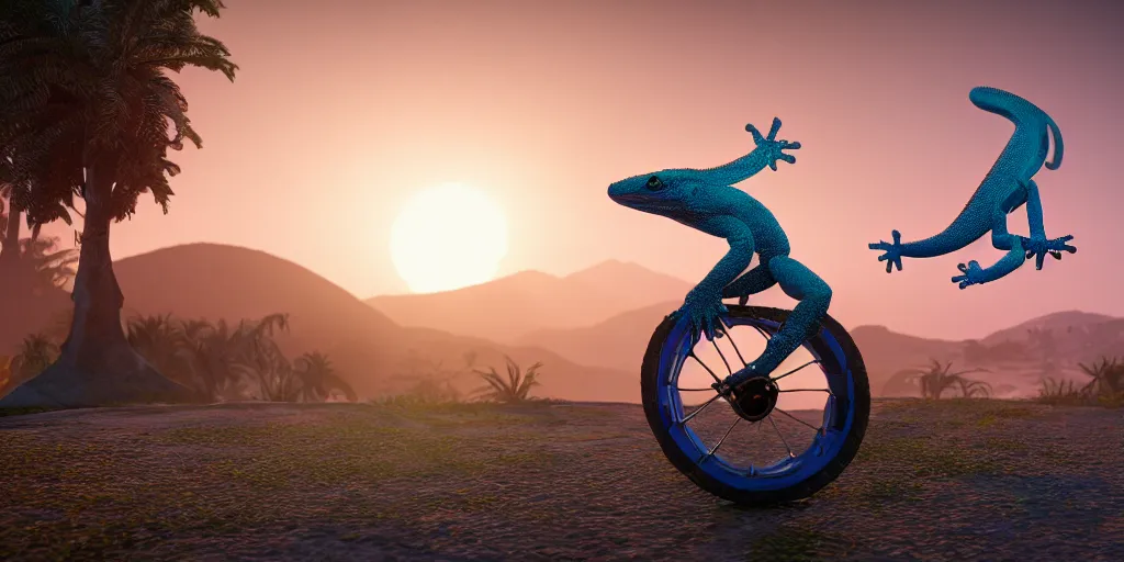 gecko riding a unicycle at sunrise, photo real, ultra | Stable ...