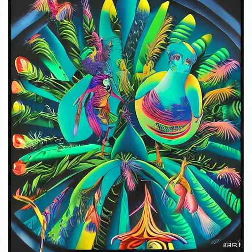 psychedelic zoetrope of tropical birds, poster art | Stable Diffusion