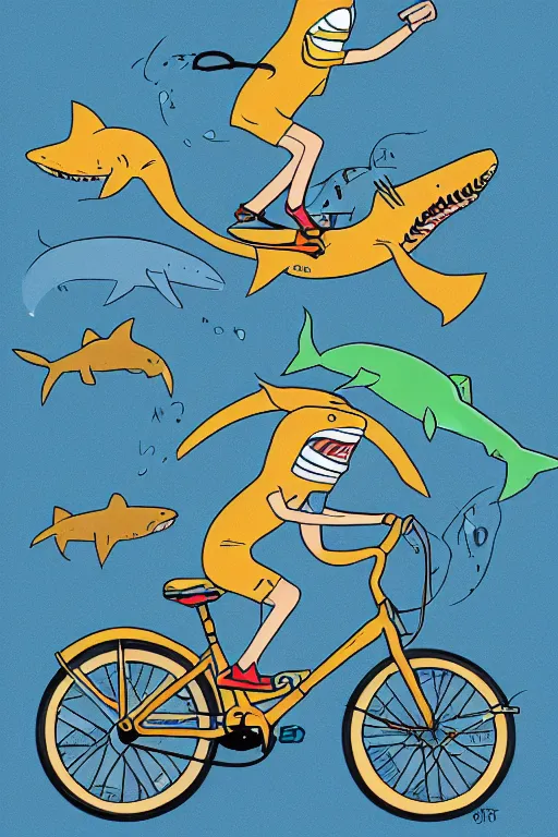 illustration of sharks riding bikes in the style of | Stable Diffusion ...
