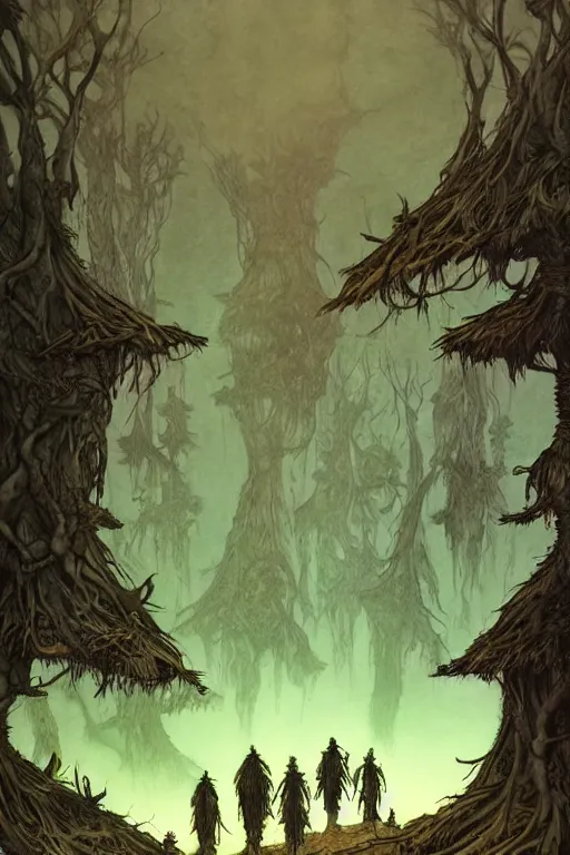 group of treefolk merchant nomads walking through a | Stable Diffusion ...